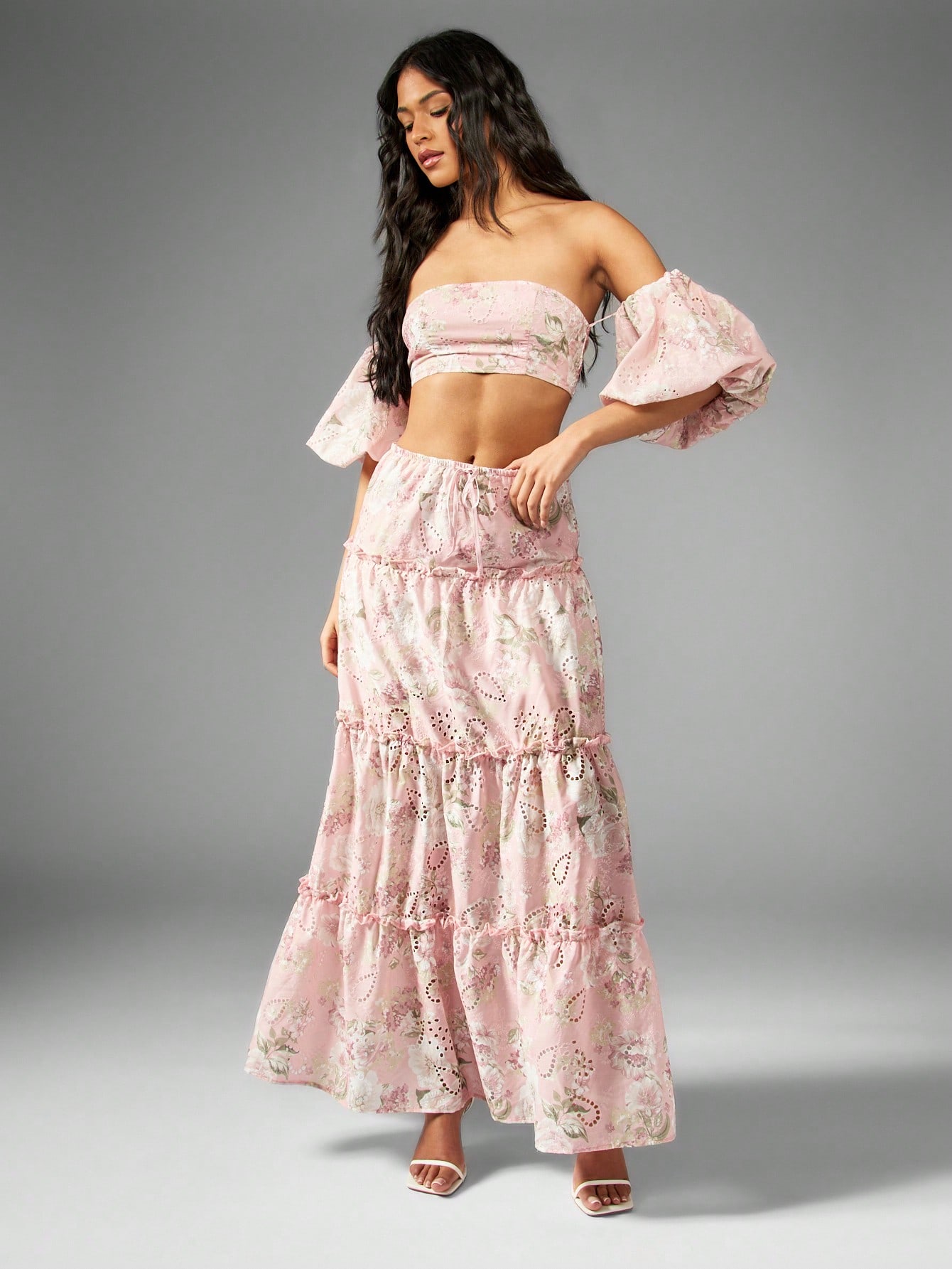 Floral Brodarie Off Shoulder Balloon Sleeves Bandeau Top And Tiered ...