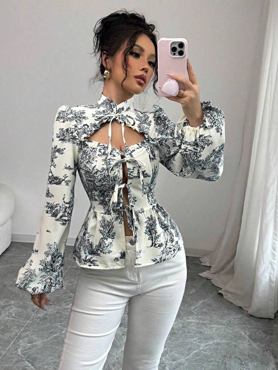 Elenzga Women's Elegant Cute Blue And White Porcelain Print Stand Collar Ruffle Trim Tie Front ...