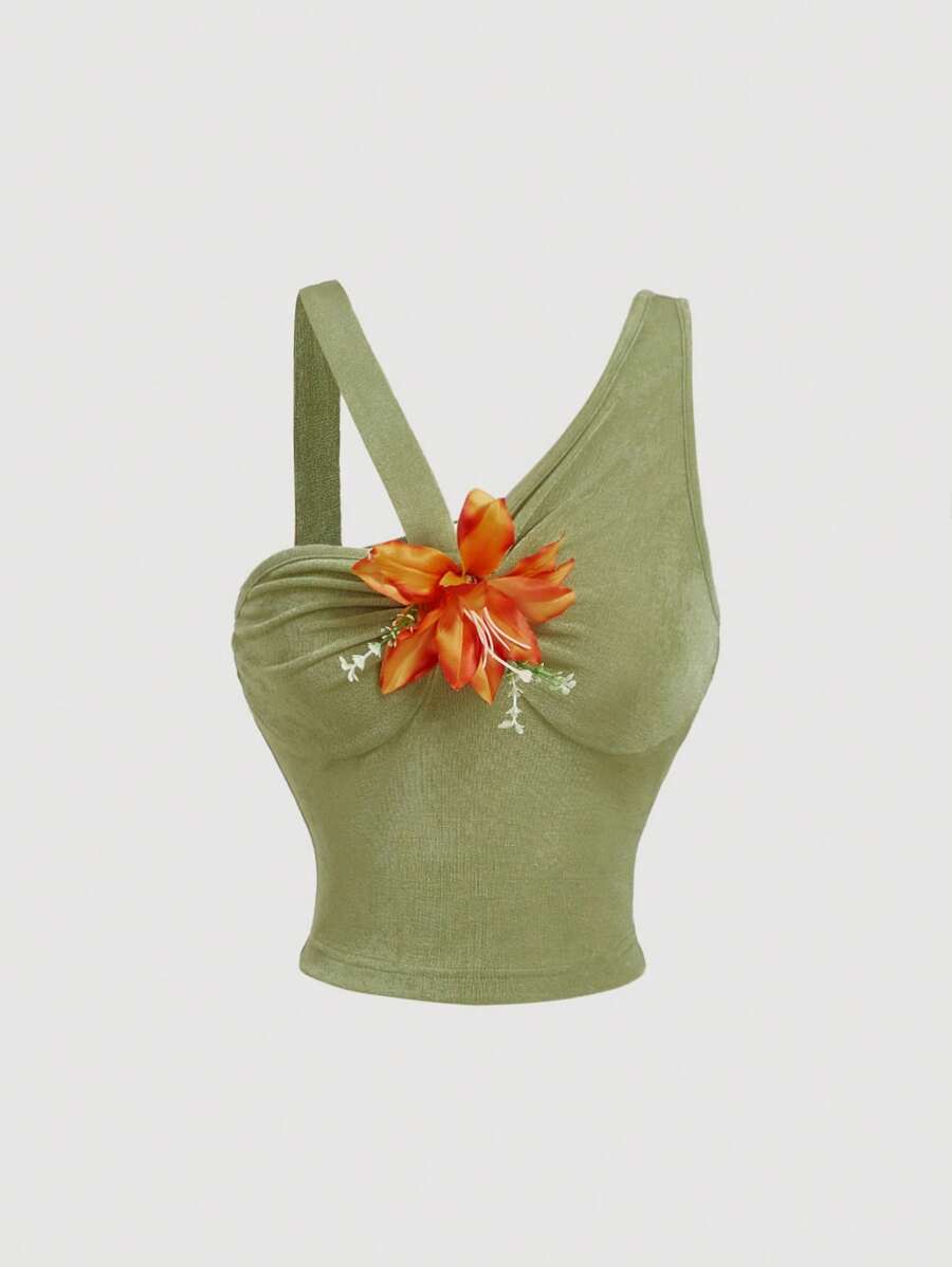 SHEIN MOD Green Blouse With Front Ruched Large Floral Decor,Hippie ...