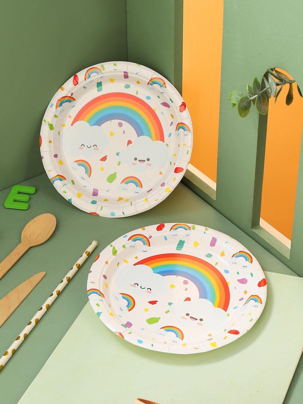 8pcs/set Paper Disposable Plate, Cartoon Rainbow & Cloud Pattern ...