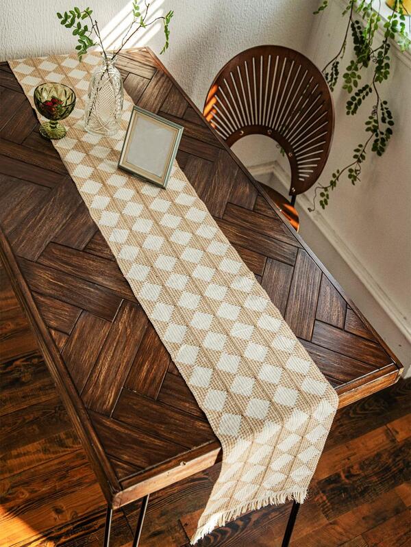 1pc Argyle Pattern Tassel Fringe Tablecloth, Modern Linen Rectangle ...