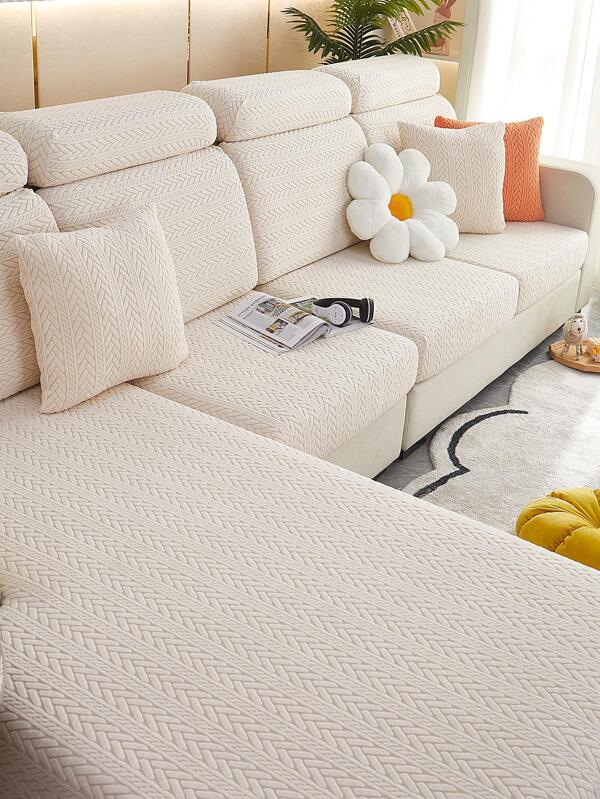1pc Jacquard Stretchy Sofa Seat Cover, Beige Polyester Sofa Seat Dust ...