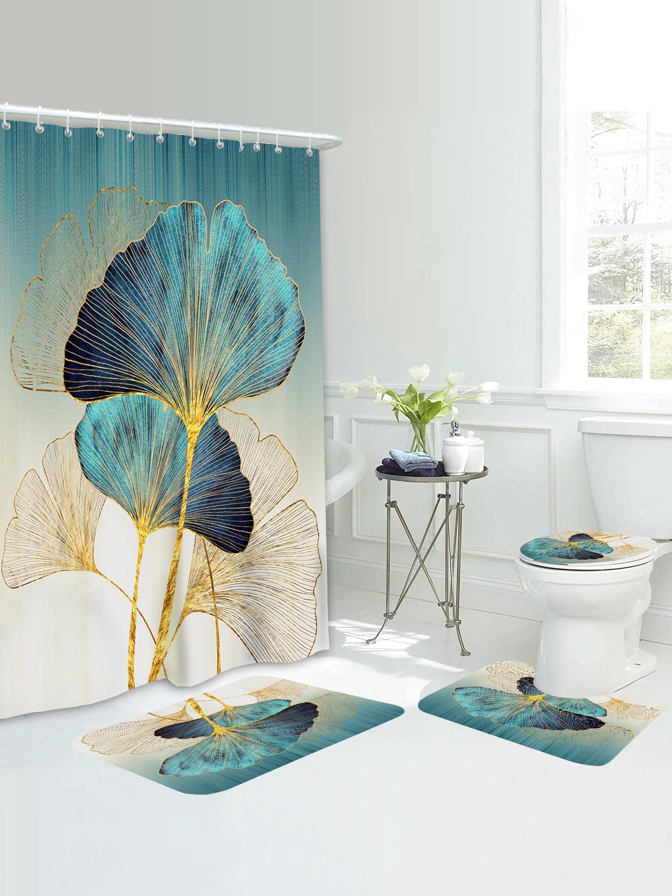 1pc Ginkgo Biloba Print Bath Rug Or 1pc Shower Curtain | SHEIN USA