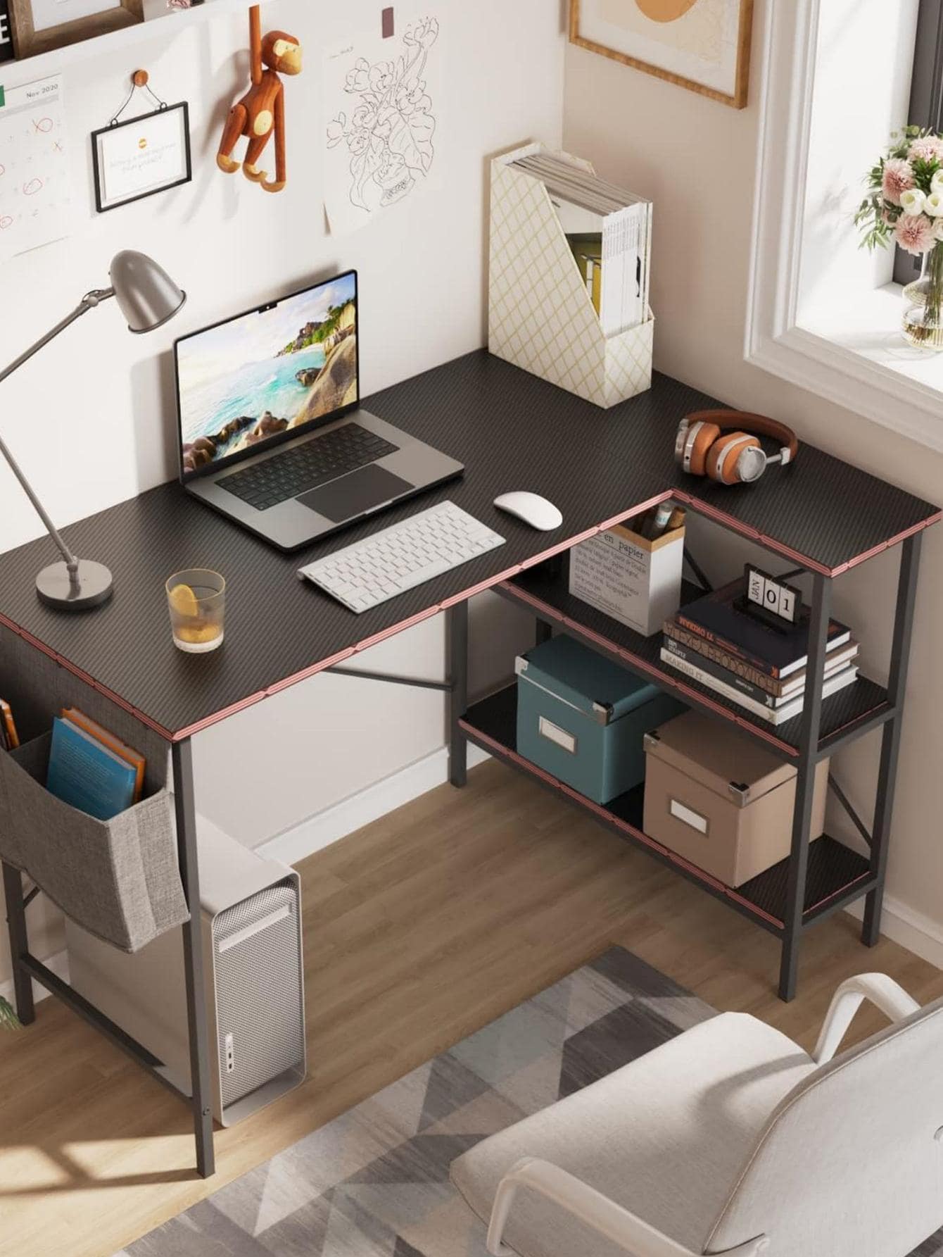 Furmax 1pc L-Shaped Office Desk with Storage Shelf and Carbon Fiber Top ...