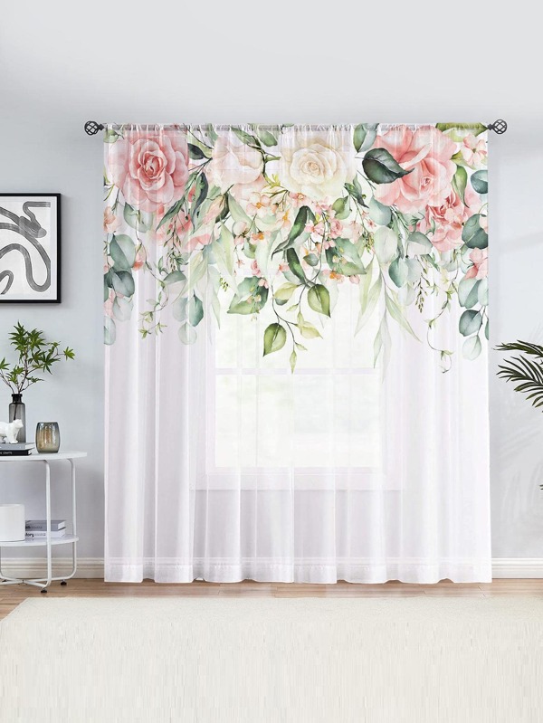 1pc Flower Pattern Sheer Panel Curtain, Cottagecore Polyester Light ...