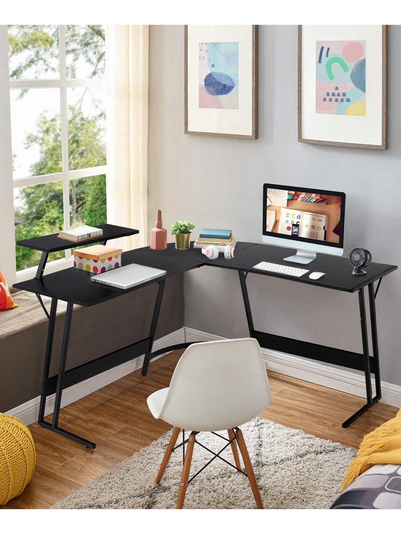 1pc L-shaped Desk with Adjustable Monitor Stand,Gaming Desk with Carbon ...