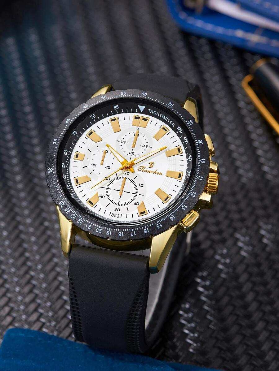 TIAN ZHEN 1pc Black Silicone Strap Casual Round Dial Quartz Watch, For ...