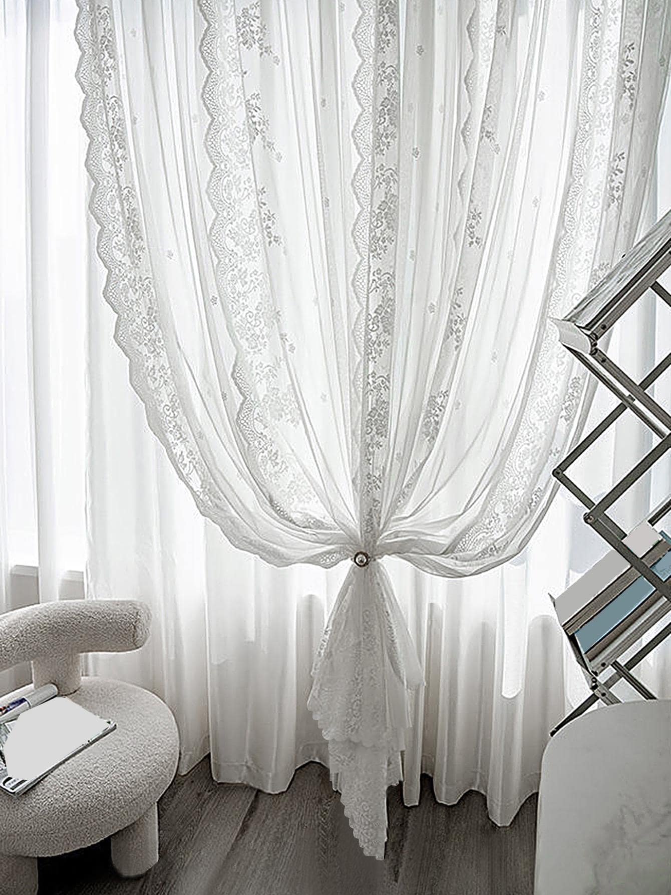 Floral Embroidered Scallop Trim Single Panel Sheer Curtain, White Lace ...