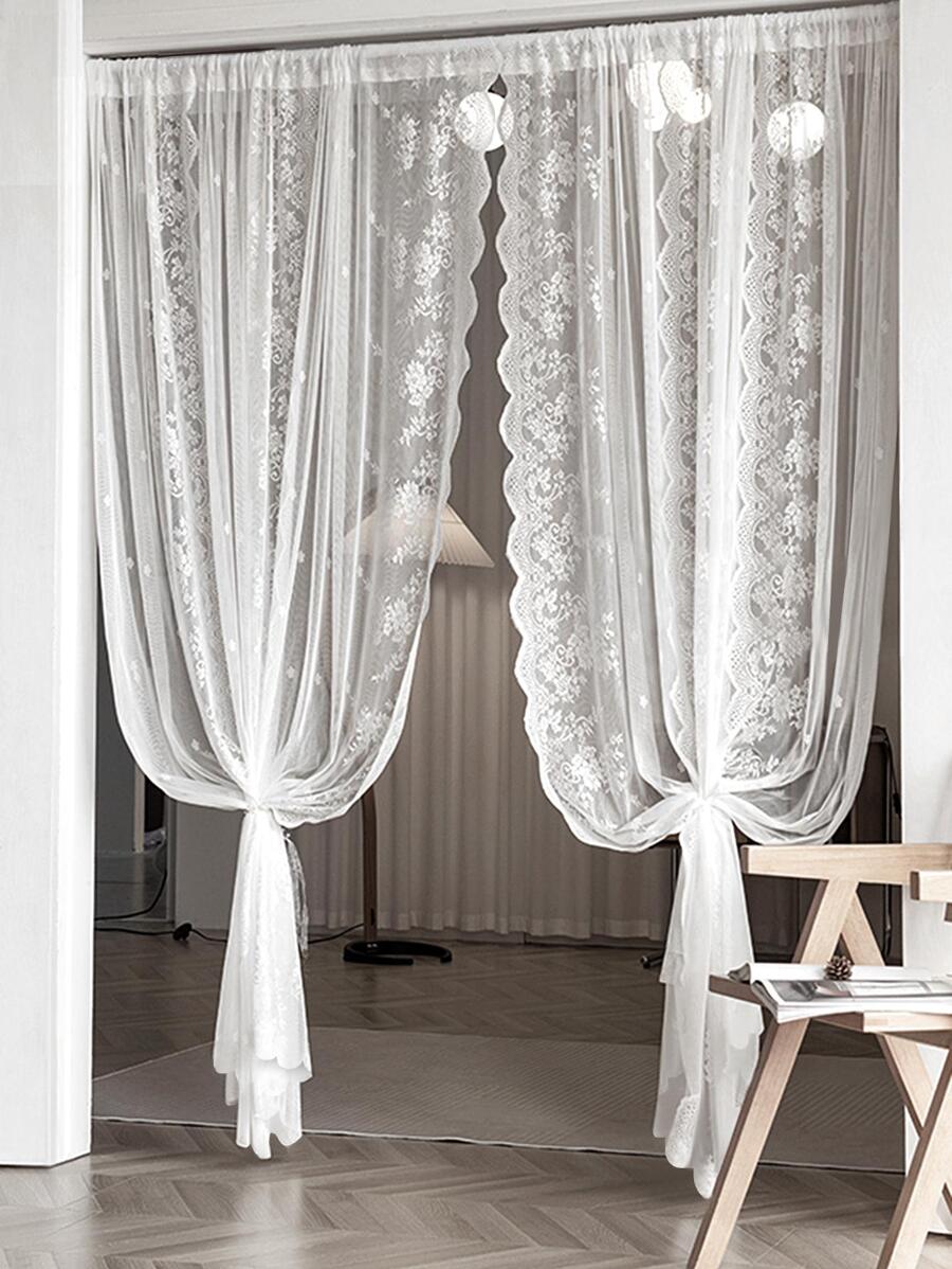 Floral Embroidered Scallop Trim Single Panel Sheer Curtain, White Lace ...