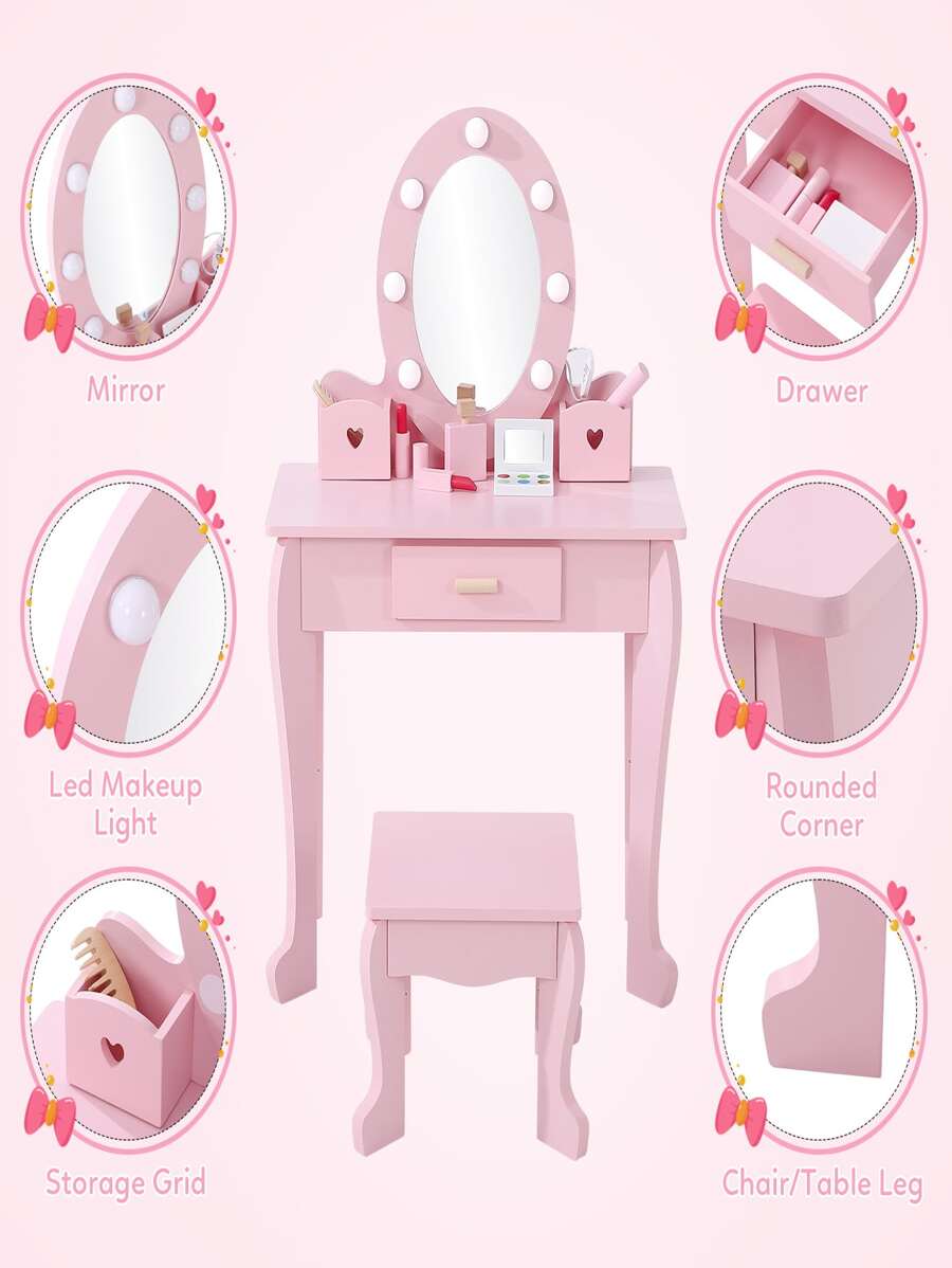 Girls' Vanity Table and Chair Set, Kids Makeup Dressing Table with ...