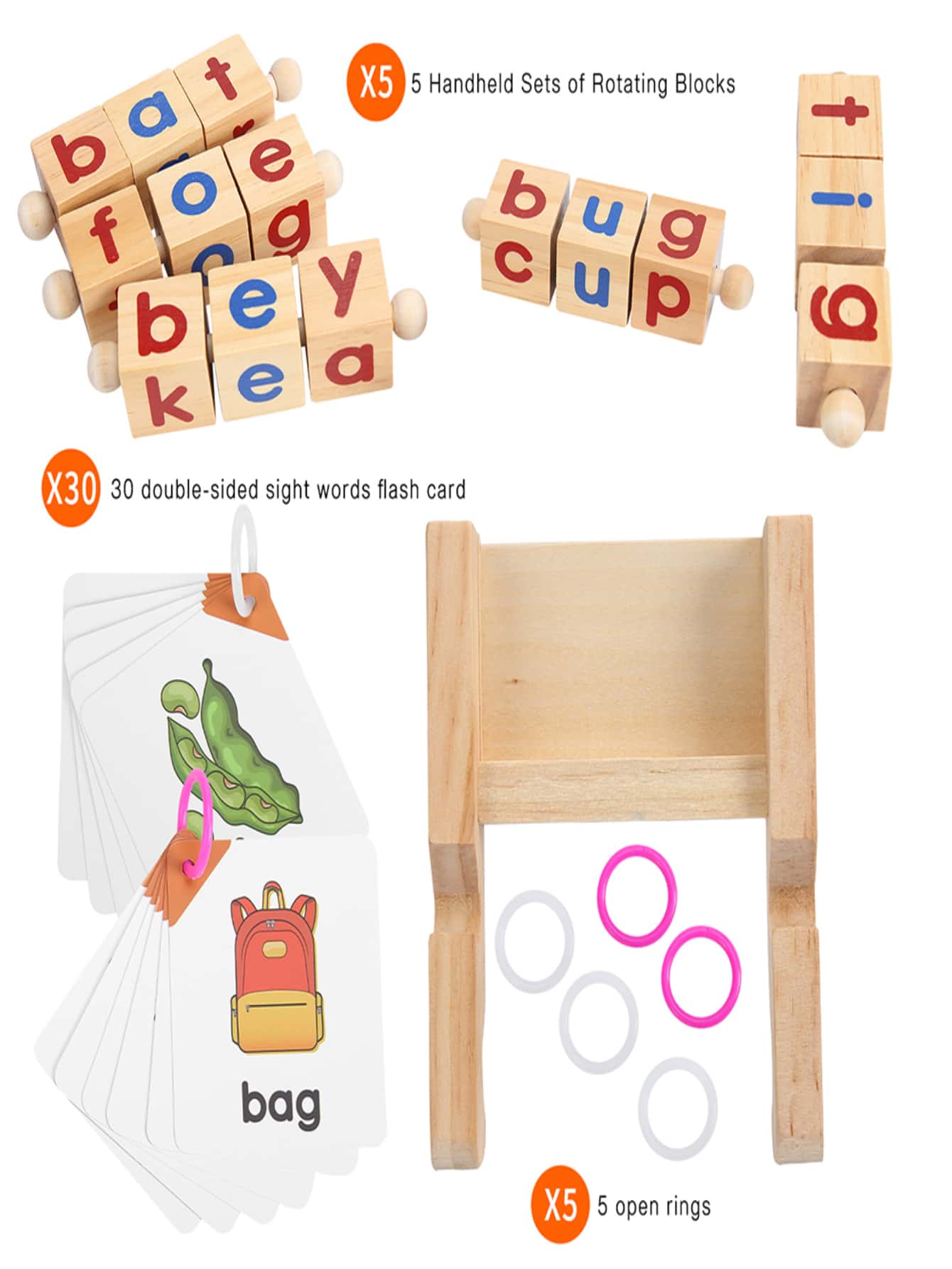 Wooden Reading Blocks - Rotating Letter Puzzle with Flash Cards - Vowel ...