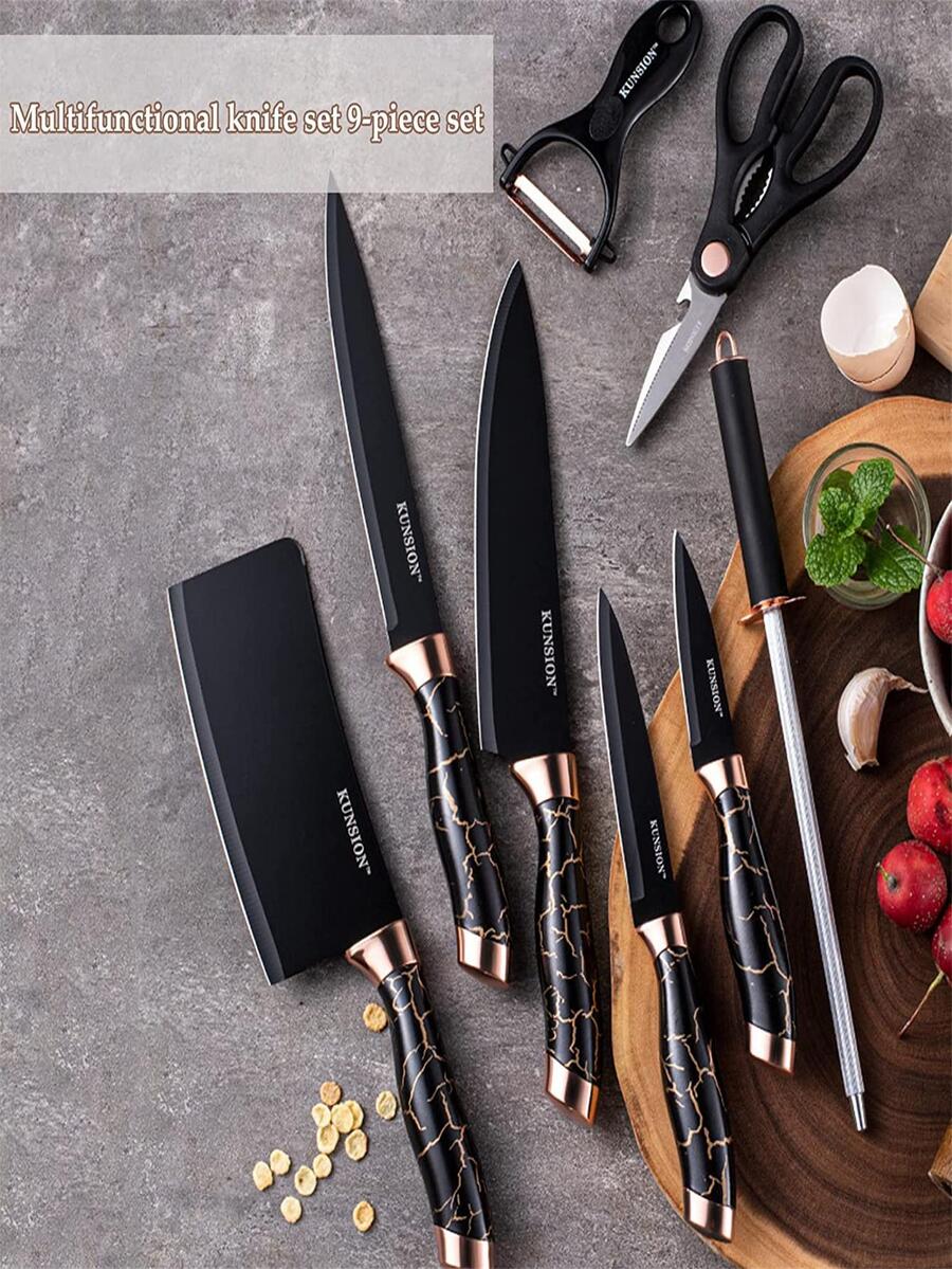 Kitchen Knife Set, 9-Pieces Black Cracked Handle Knife Set For Kitchen ...
