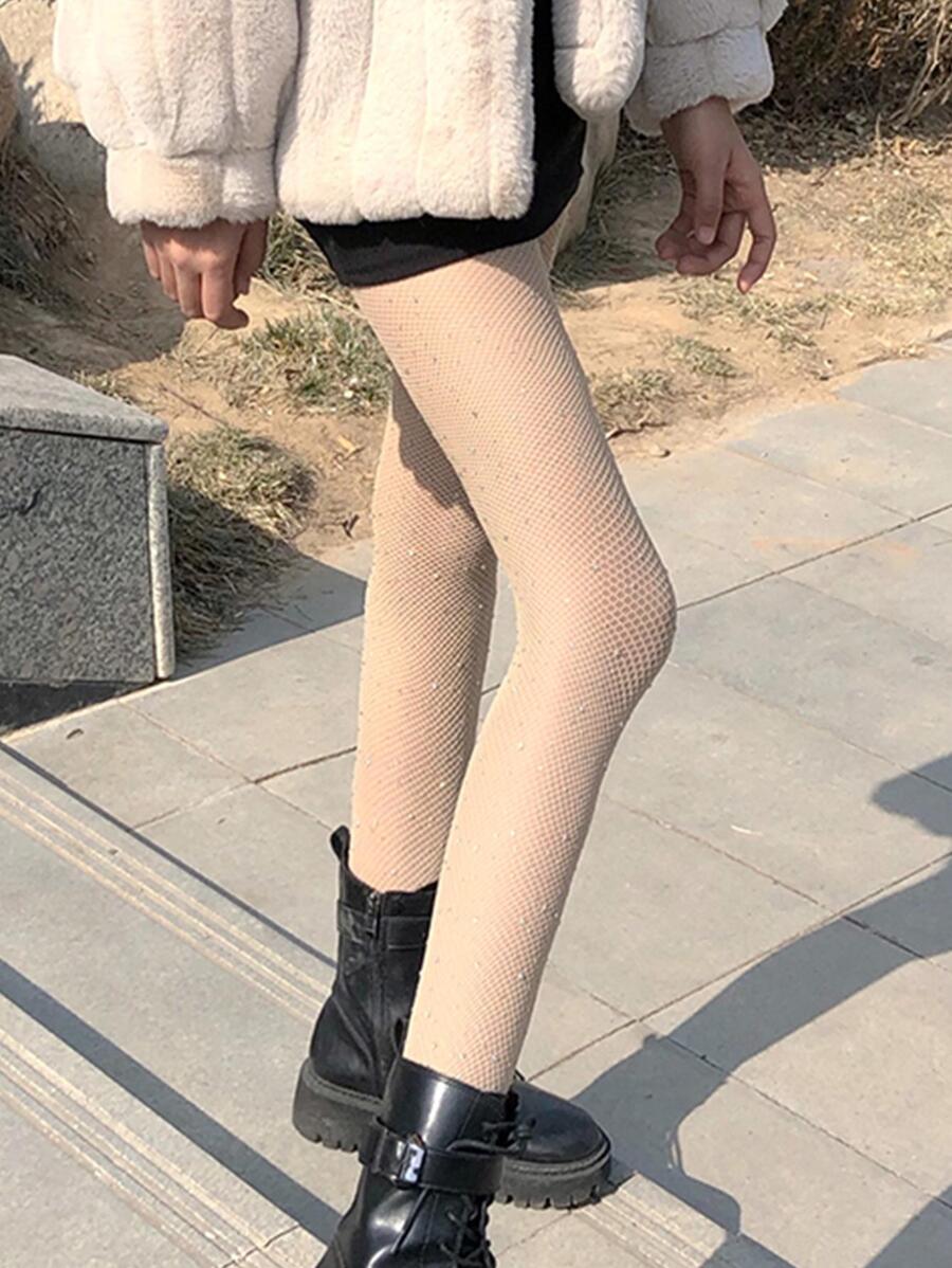 [1 Pair] Sparkling Rhinestone Fishnet Tights For Women, Thin White ...