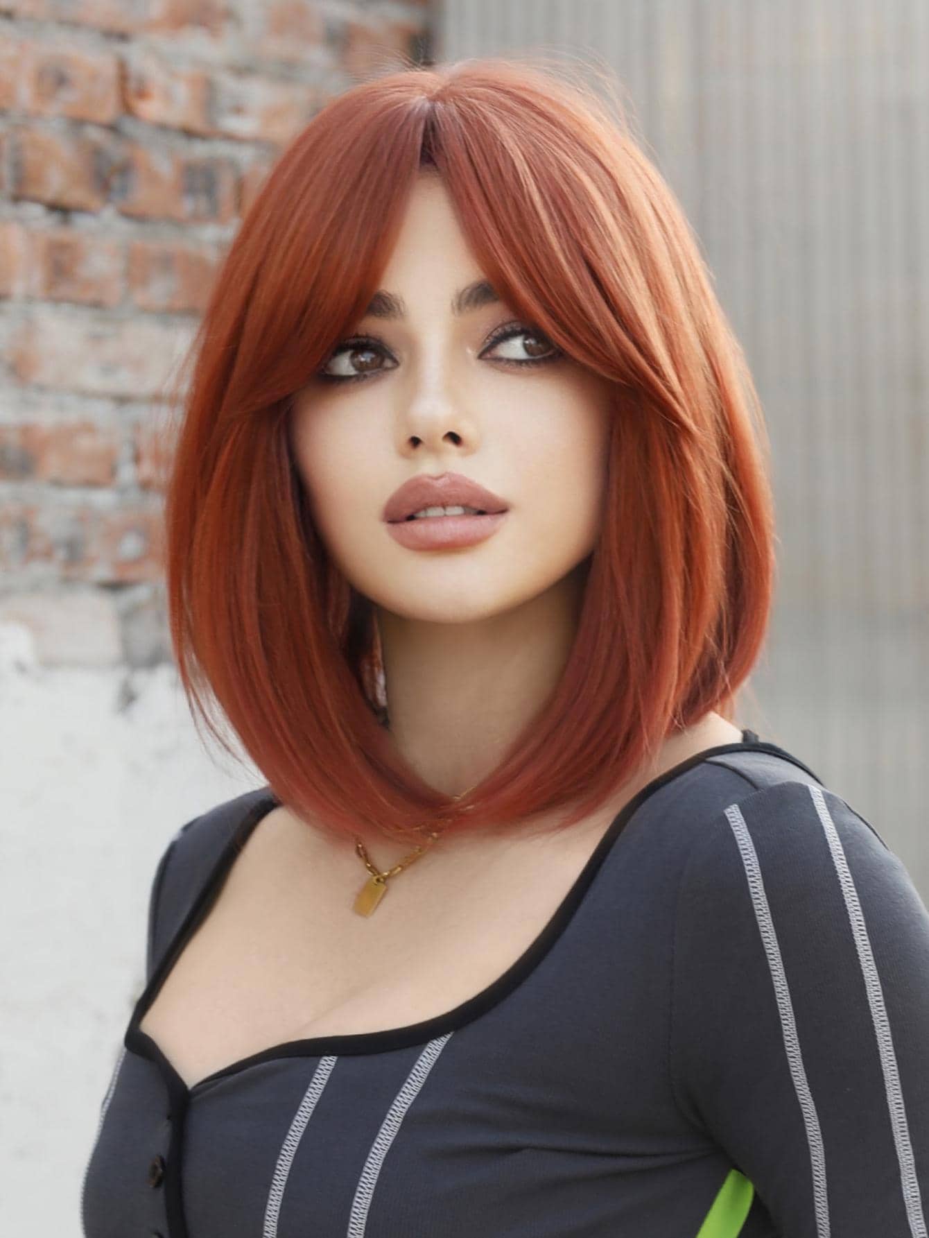 Red Orange Short Bob Wigs With Bangs Synthetic Straight Hair Middle ...