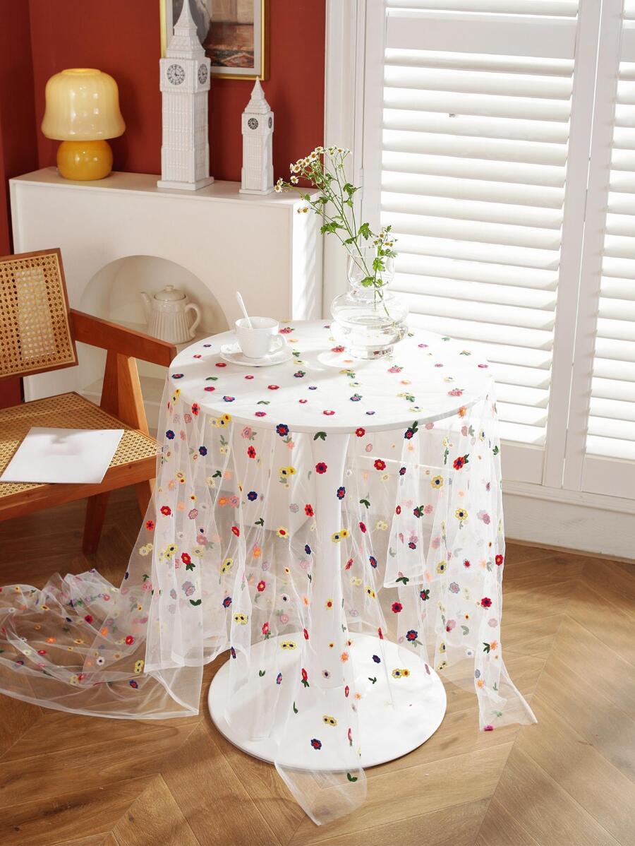 Flower Embroidered Tablecloth,Mesh Table Cover For Dining Room 1pc ...