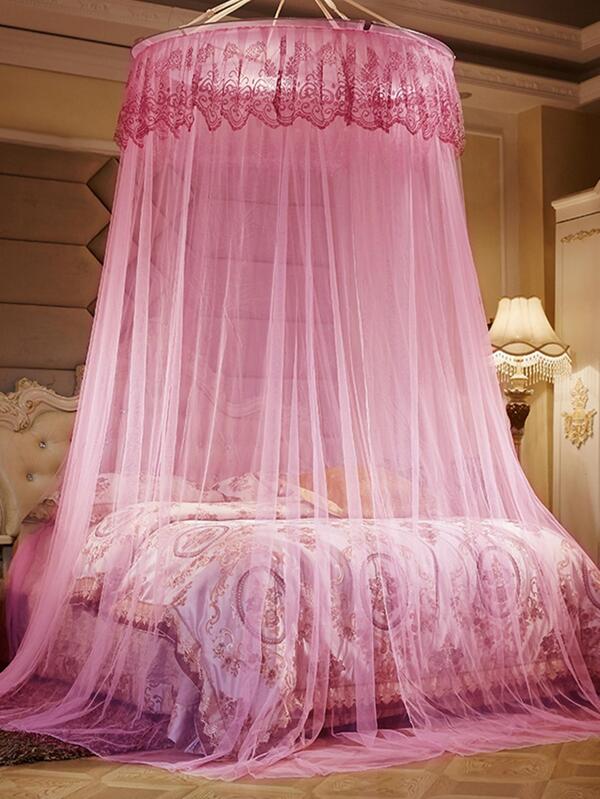 1pc Pink Mosquito Net, Daily Polyester Lace Trim Bed Canopy For Home ...