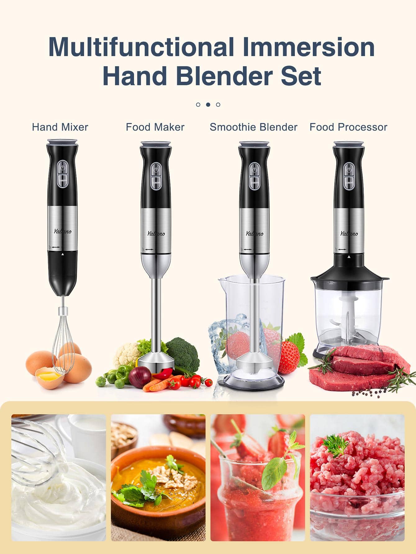 Yabano Hand Blender, Handheld Blender Electric, 5-in-1 Multifunctional Immersion Blender, 12 ...