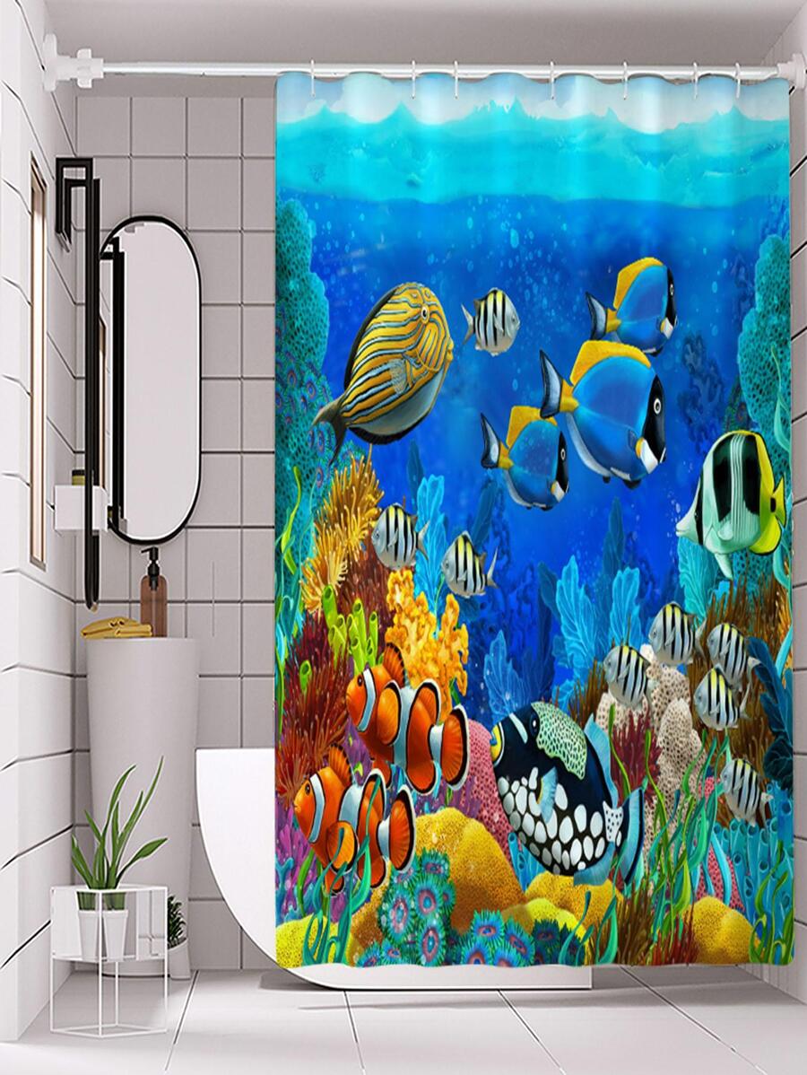 Fish Print Shower Curtain, Modern Fish & Plant Print Polyester Shower ...