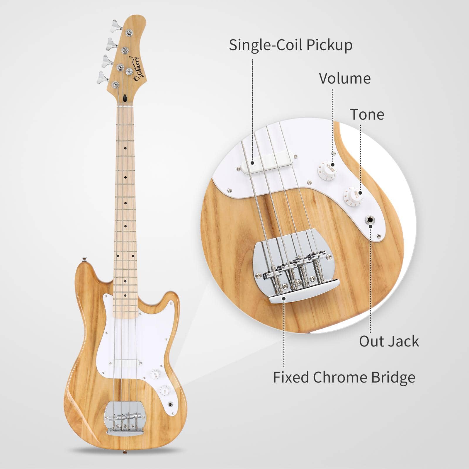 Glarry 4 String 30in Short Scale Thin Body GB Electric Bass Guitar with ...