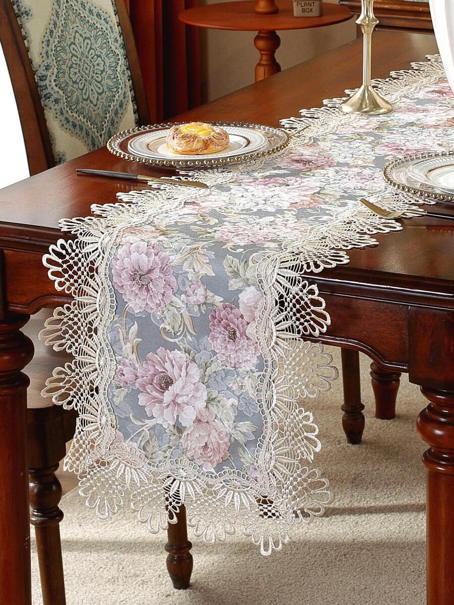 1pc Floral Embroidered Tassel Decor Table Runner, Modern Polyester ...