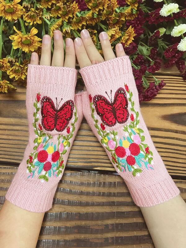 New Arrival Women's Long Knitted Wool Gloves With Butterfly Detail In ...