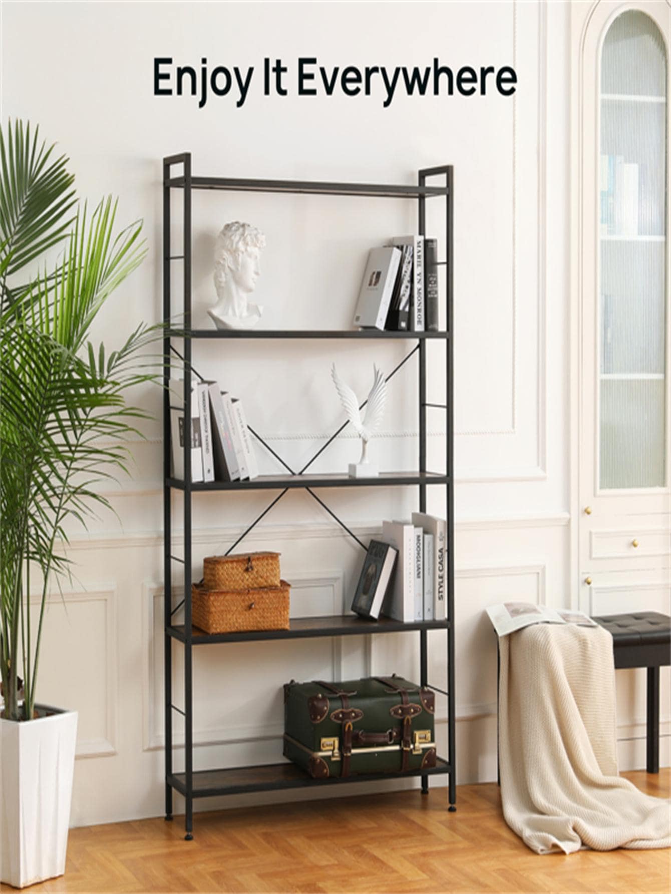 5-Shelf Bookshelf, Modern Freestanding Bookcase with Steel Frame, X ...