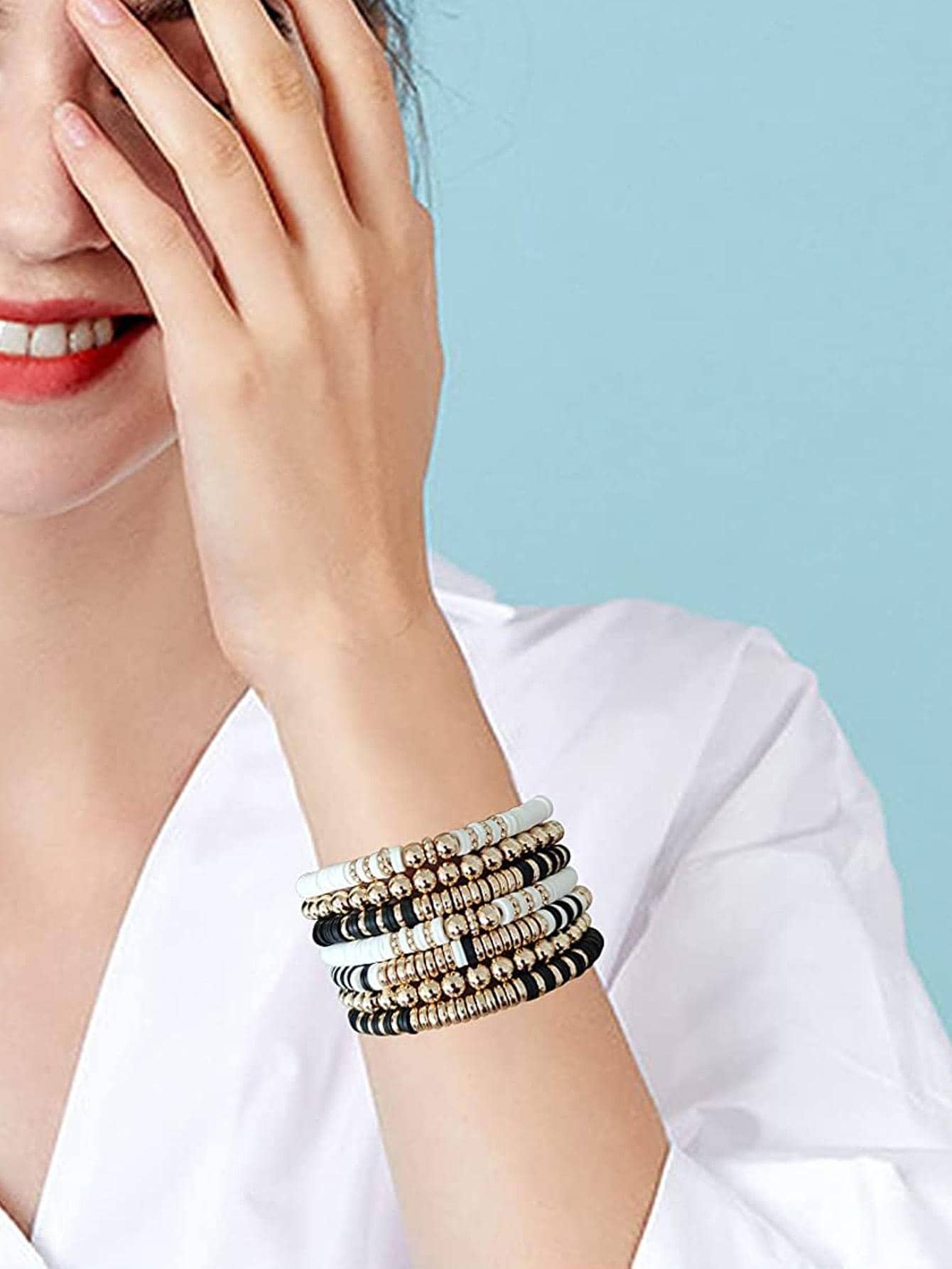 Seven Pieces Clay Bead Bracelets For Women Bohemian Stackable Evil Eye ...