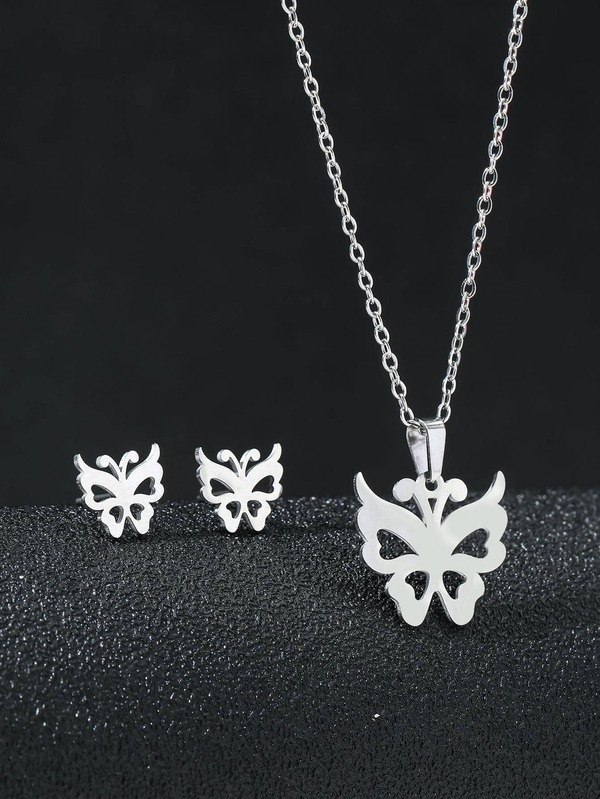 3pcs/set Simple Stainless Steel Butterfly Design Stud Earrings & Pendant Necklace For Women As ...