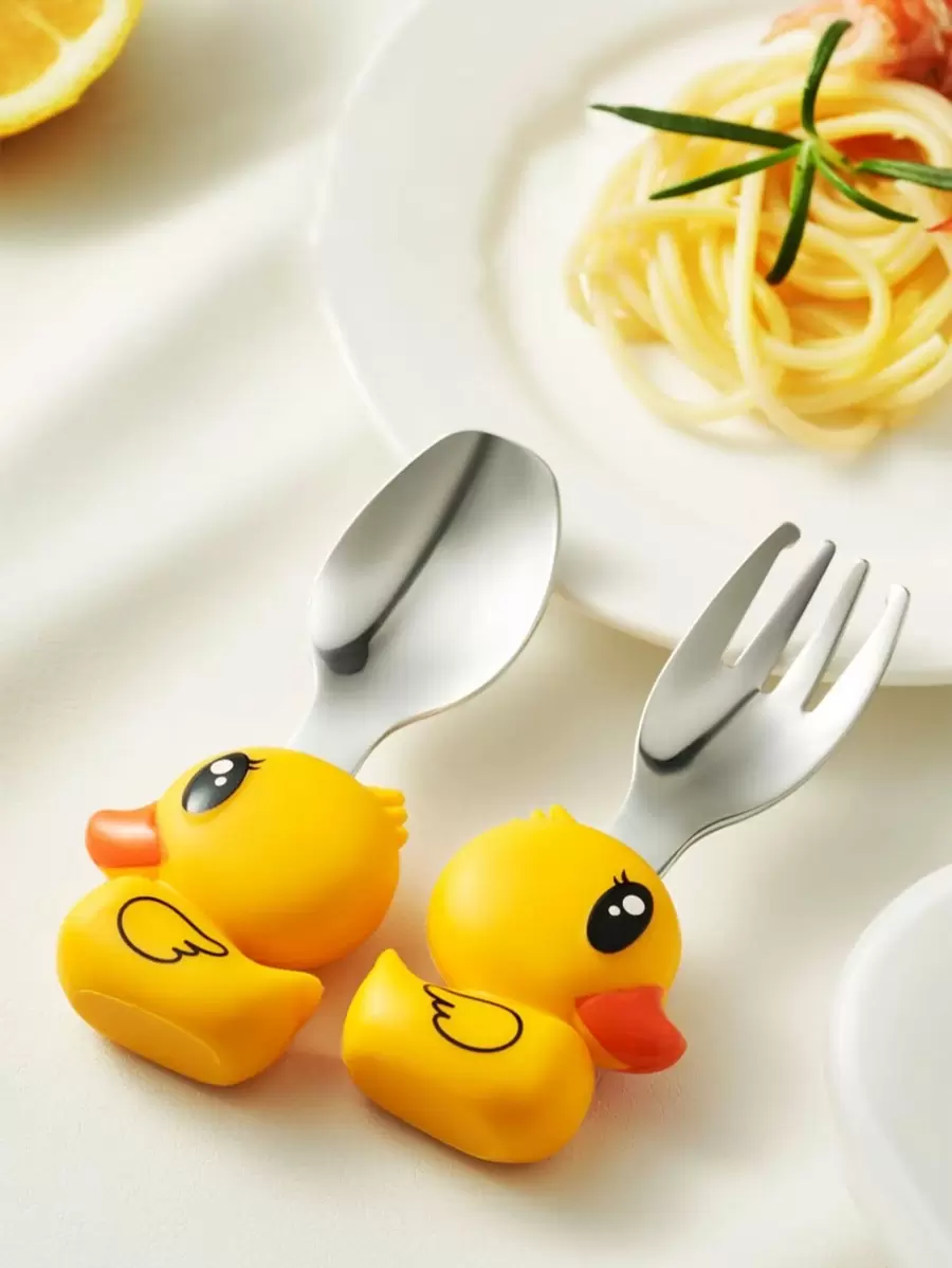 2pcs/Set Stainless Steel Spoon & Fork, Cartoon Duck Design Cutlery Set ...