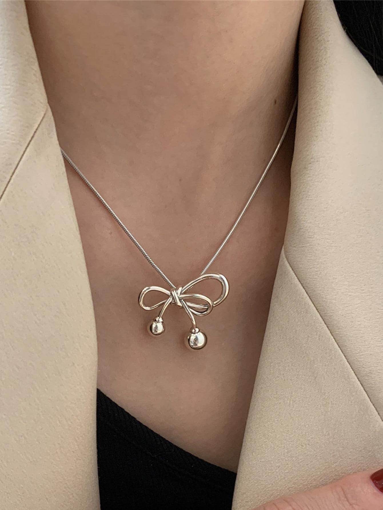 1pc Round Bead & Bow Sweater Chain Pendant Necklace For Women, Couples ...