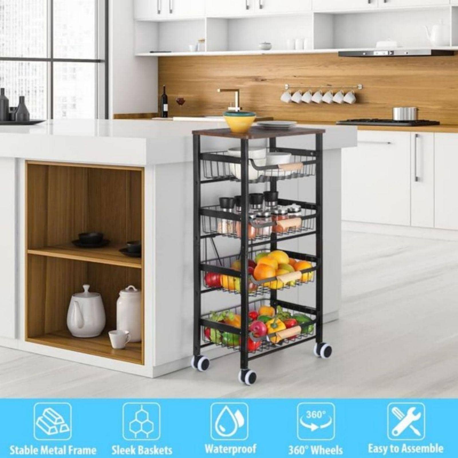 5 Tier Rolling Cart with Storage Baskets, Metal Kitchen Cart Utility ...