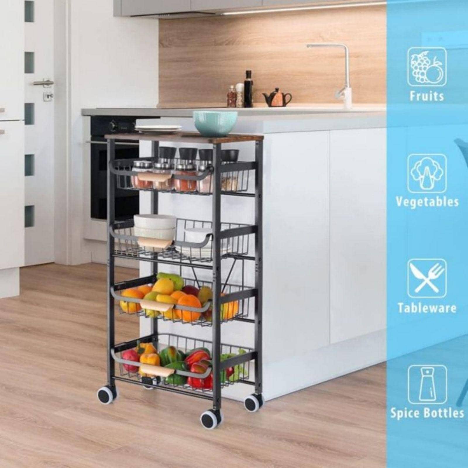 5 Tier Rolling Cart with Storage Baskets, Metal Kitchen Cart Utility ...