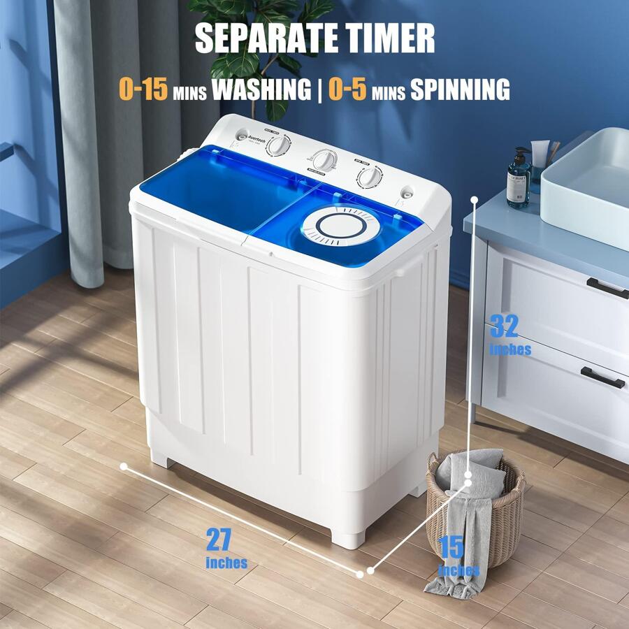Auertech 28 Lbs Portable Washing Machine, Twin Tub Design With 4.3 FT Drain Pump For Dorms ...