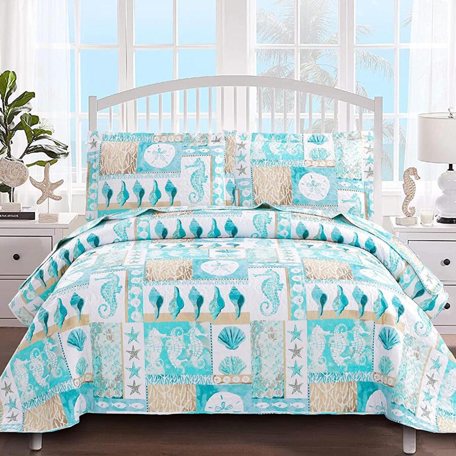3 Piece Beach Quilt Set Coastal Bedding Set Blue Green Lightweight ...
