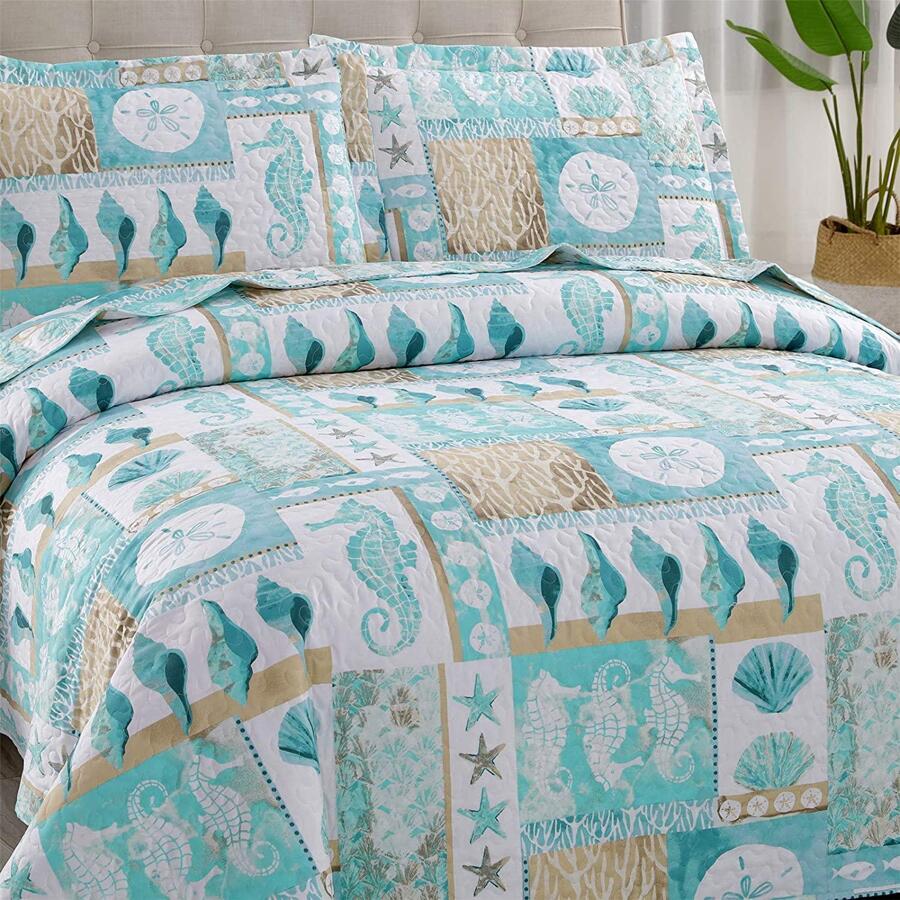 3 Piece Beach Quilt Set Coastal Bedding Set Blue Green Lightweight ...