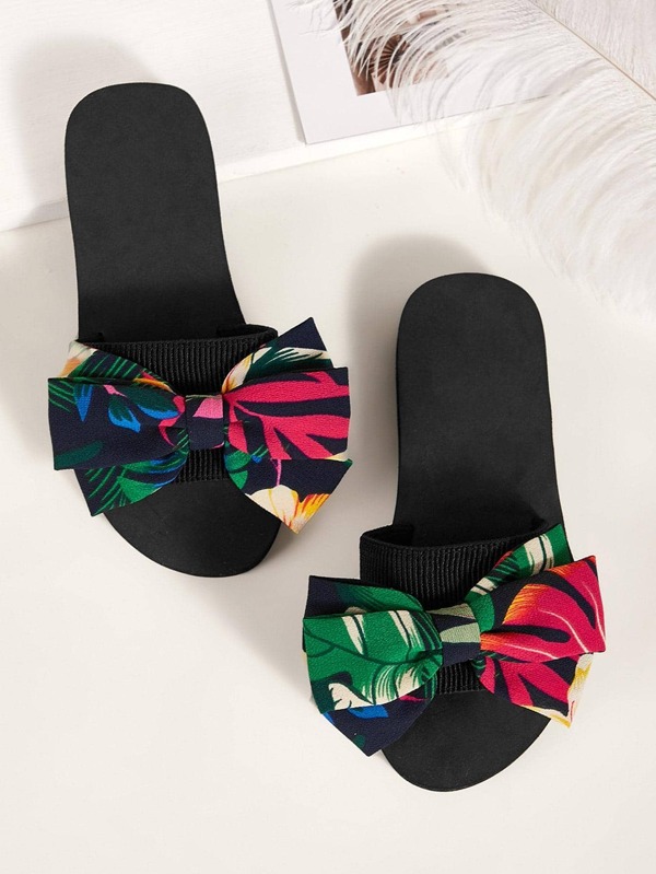 Women Tropical Print Bow Decor Slides,Vacation Polyester Outdoor Slides ...