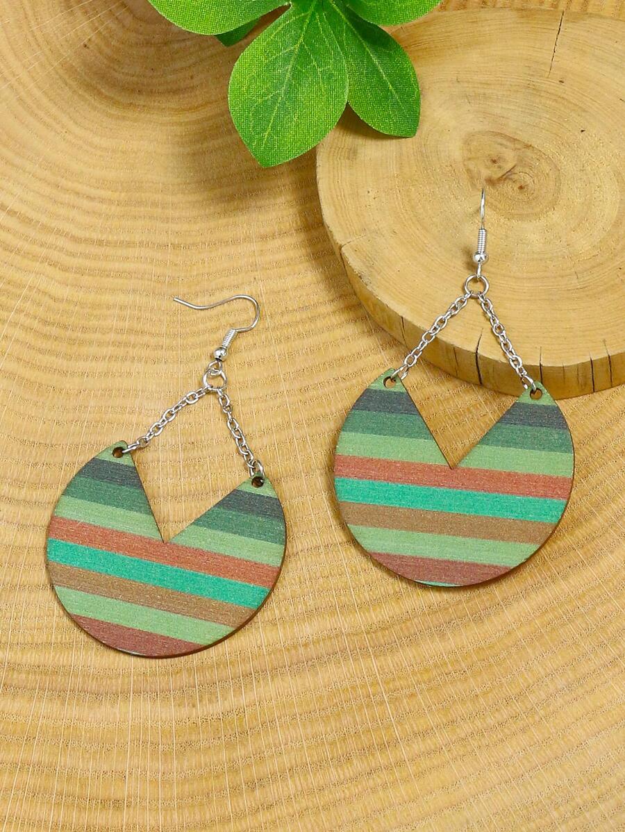 1pair Bohemian Style Mixed-color Feather & Wood Leaf Shaped Design Pendant Earrings For Women To ...