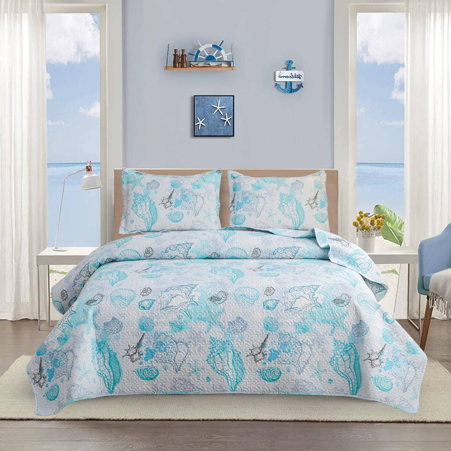 Beach Quilt Set Coastal Bedding Lightweight Reversible Quilts Nautical Bedspreads Beach Theme ...