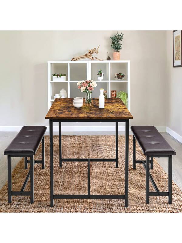Kitchen Table Set - Includes 2 Upholstered Benches and a Metal and Wood ...