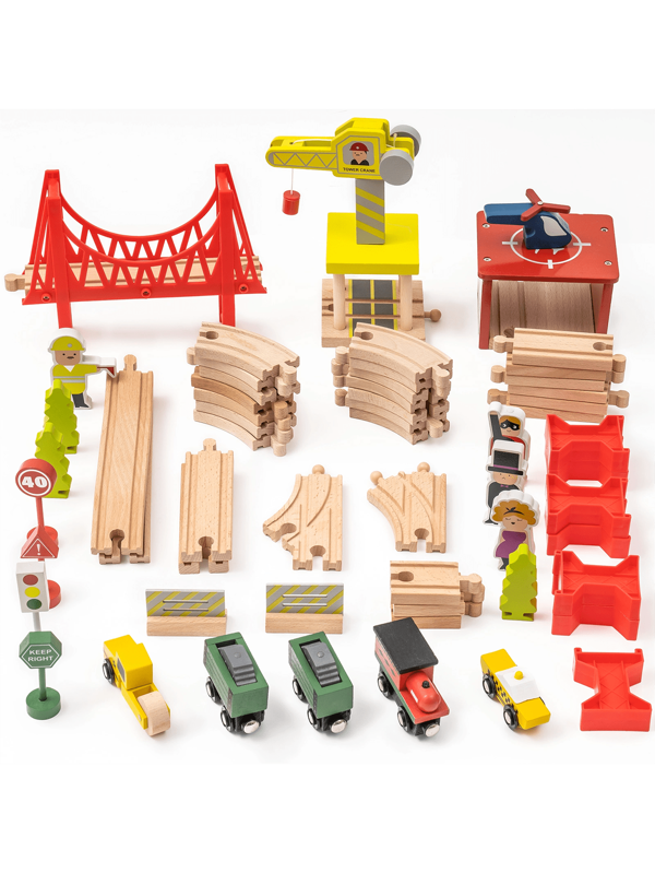 Train Set - 64 Pieces Wooden Train Tracks & Trains,Wooden Train Set ...