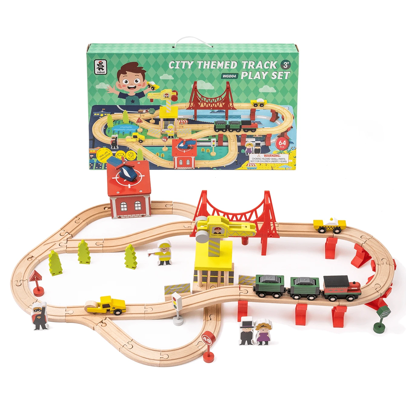 Train Set - 64 Pieces Wooden Train Tracks & Trains,Wooden Train Set ...