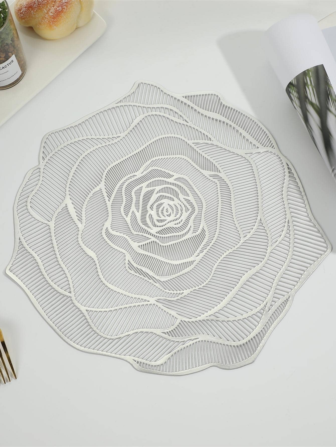 1pc Flower Design Hollow Out Placemat, Silver PVC Table Mat, For Dining ...