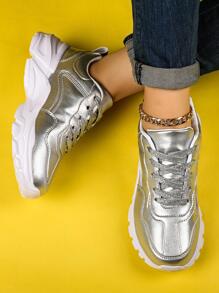 Sporty Sneakers For Women, Metallic Lace-up Front Chunky Sneakers ...
