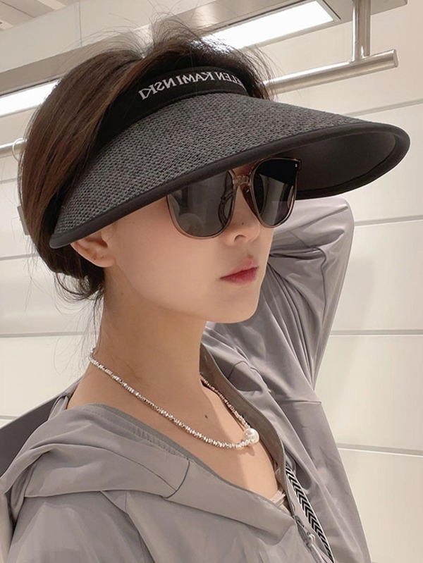 Women Letter Embroidered Contrast Binding Sun Protection Boho Visor ...