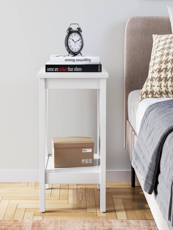 White Wood Square End Table, 2 Tier Paint Side Table Bedside Table with ...
