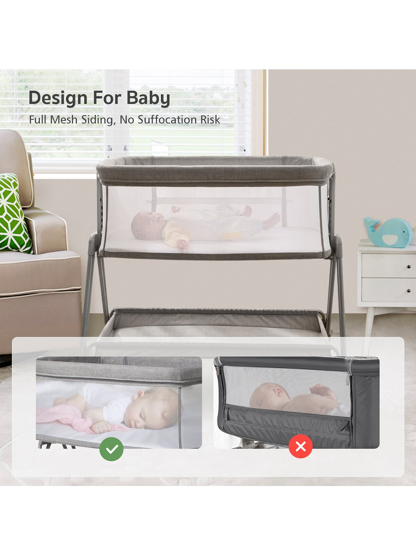 Baby Bassinet Bedside Sleeper With Wheels And Storage Tray,4-Sided Mesh ...