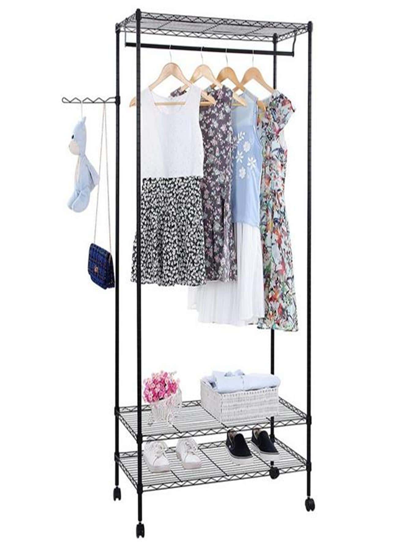 3-Tier Closet Organizer Metal Garment Rack with Shelves Capacity 62 Lbs ...