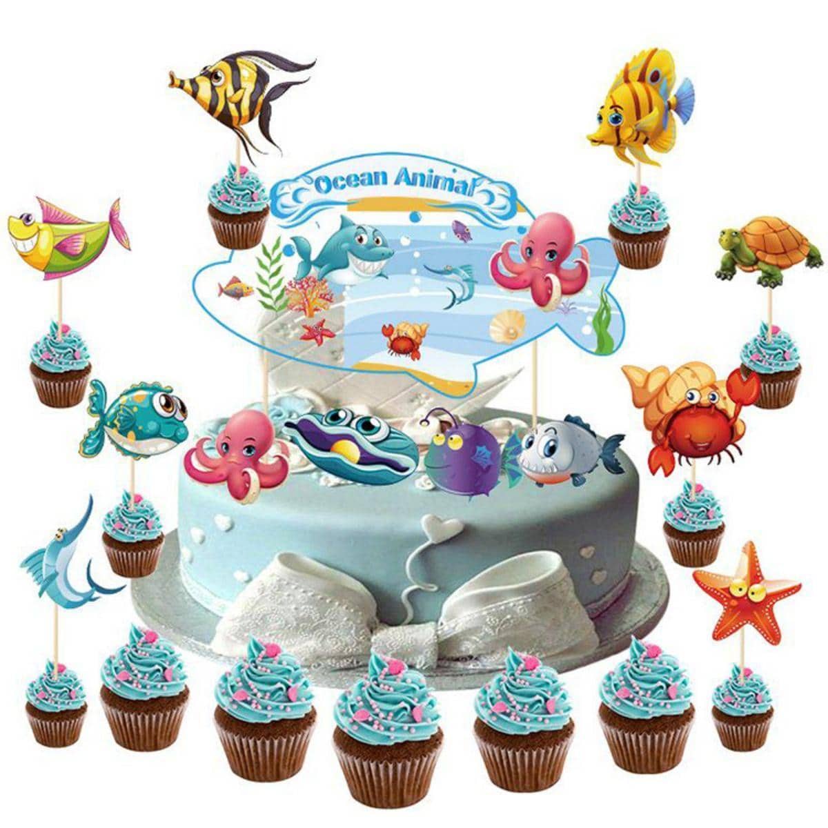 25 PCS Sea Ocean Theme Birthday Cake Decoration Toppers Fishing Cake ...