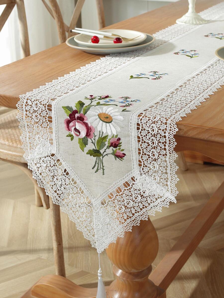 1pc Floral Embroidered Table Runner, Modern Polyester Table Runner For ...