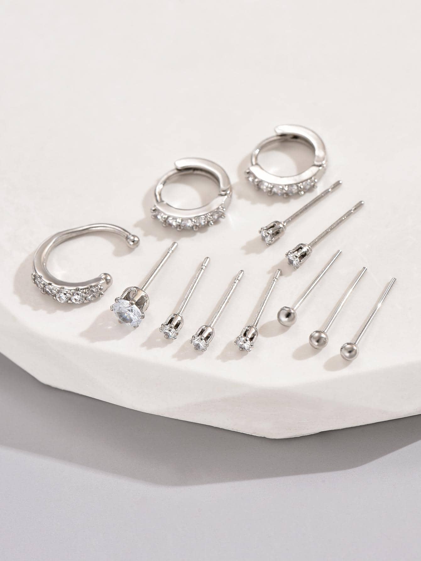 12pcs/set 2 Full Rhinestone Decor Stud Earrings, 1 Rhinestone Clip-On ...